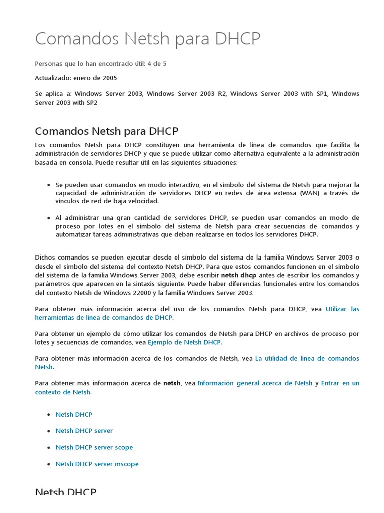 Comandos Netsh para DHCP | Descargar gratis PDF | sistema de nombres de dominio | Dirección IP