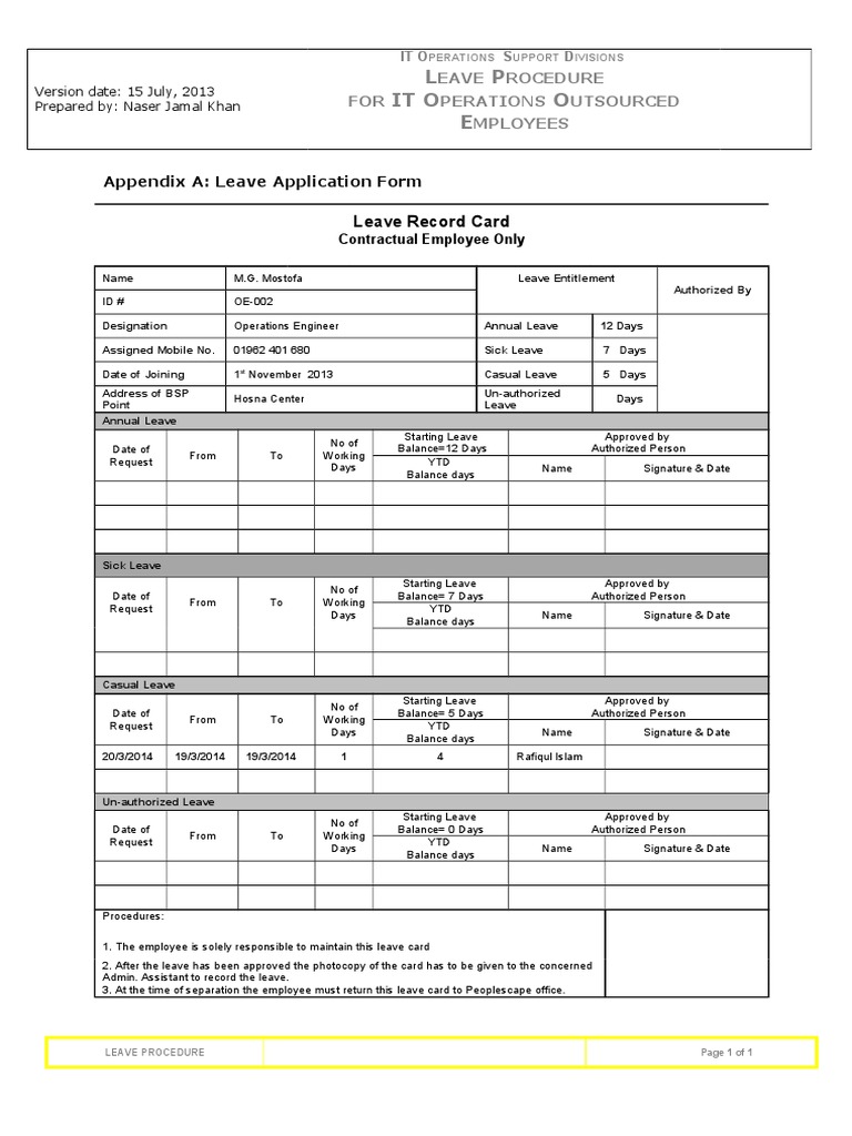 Leave Procedure for Outsourced Employees | PDF