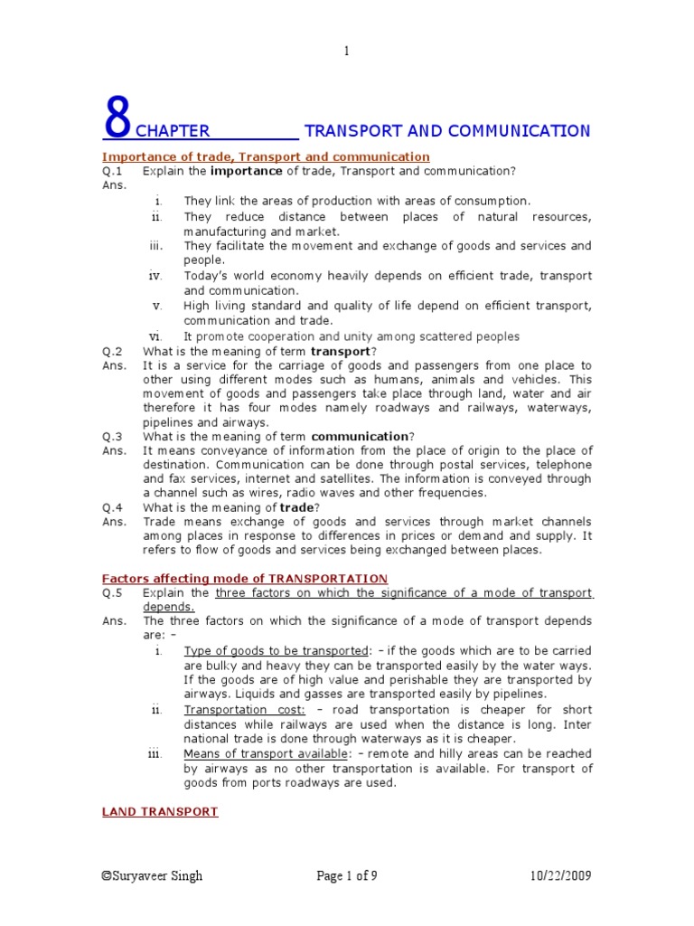 Chapter-8 Transport and Communication | PDF