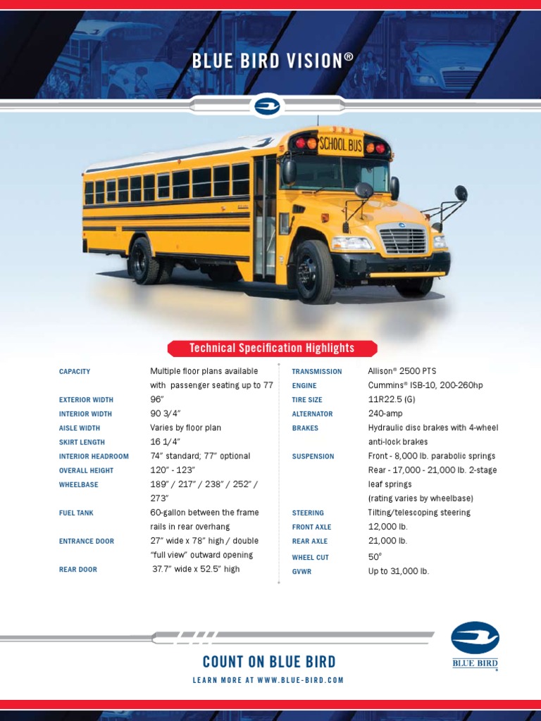 Blue Bird Vision School Bus Specification Sheet | PDF | Suspension ...