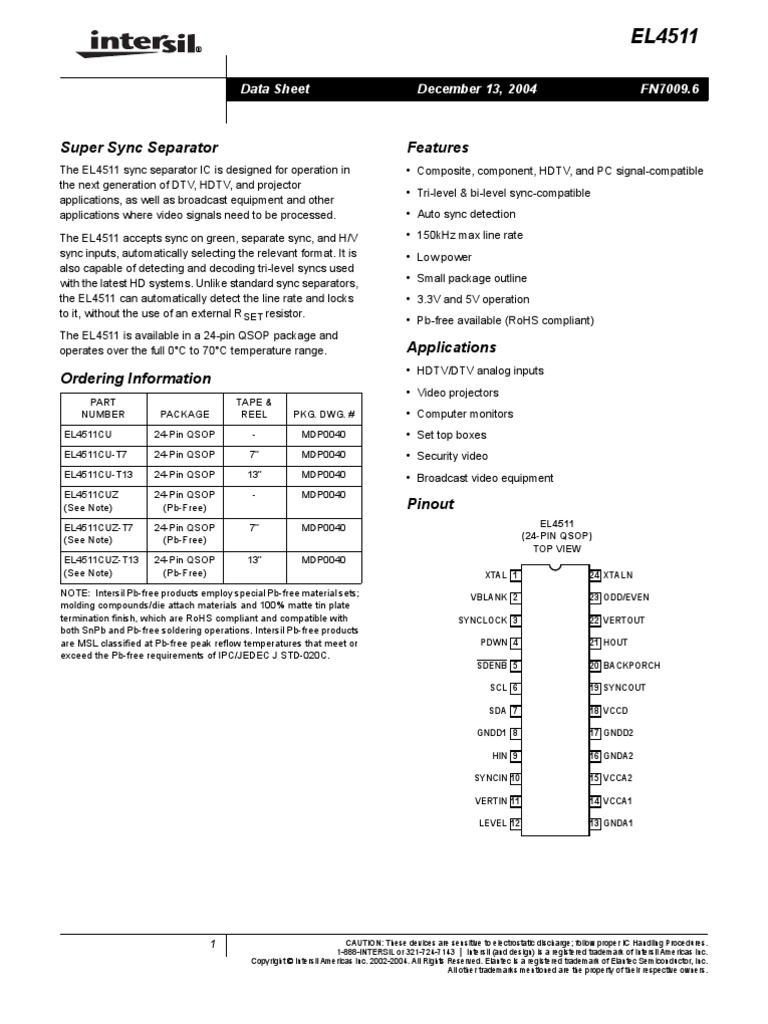 EL4511 Fn7009 Data Sheet | PDF | Video | Media Technology