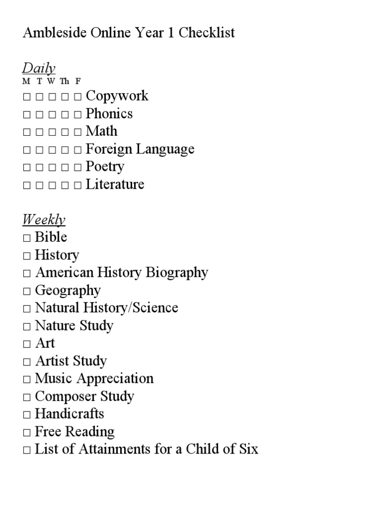 Ambleside Online Year 1 Checklist | PDF