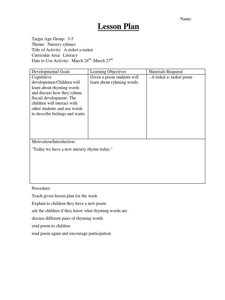 Nursery Rhyme Lesson Plan for Ages 3-5 | PDF | Wellness