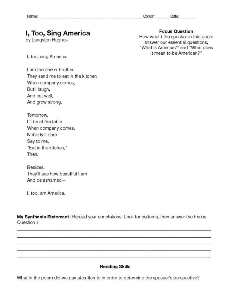 I Too Sing America by Langston Hughes | PDF