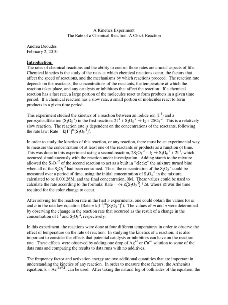 Chem 102 Kinetics Lab | PDF | Activation Energy | Chemical Kinetics