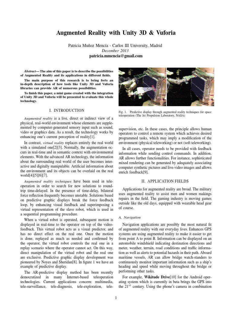 Exploring the Use of Unity 3D and Vuforia for Augmented Reality Applications and Development of ...