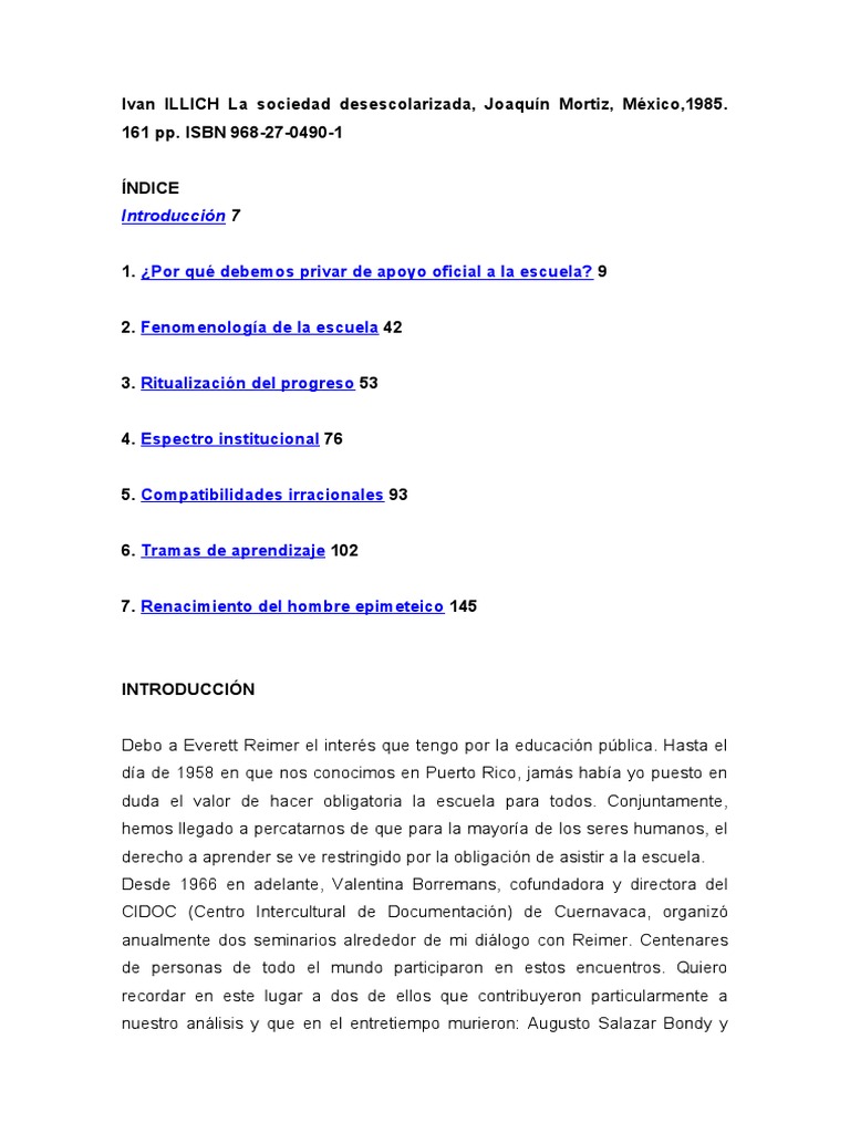 Ivan ILLICH La Sociedad Desescolarizada | PDF | Pobreza | Pobreza e ...
