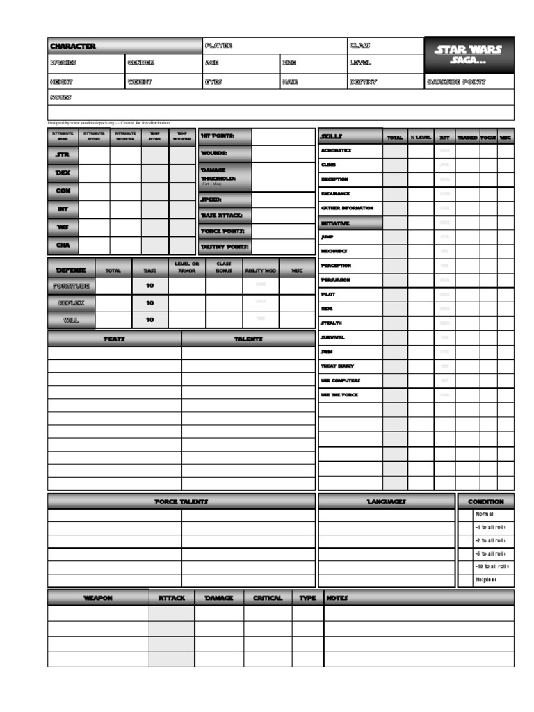 Star Wars Saga Character Sheet Template | PDF | Gaming | Tabletop Games