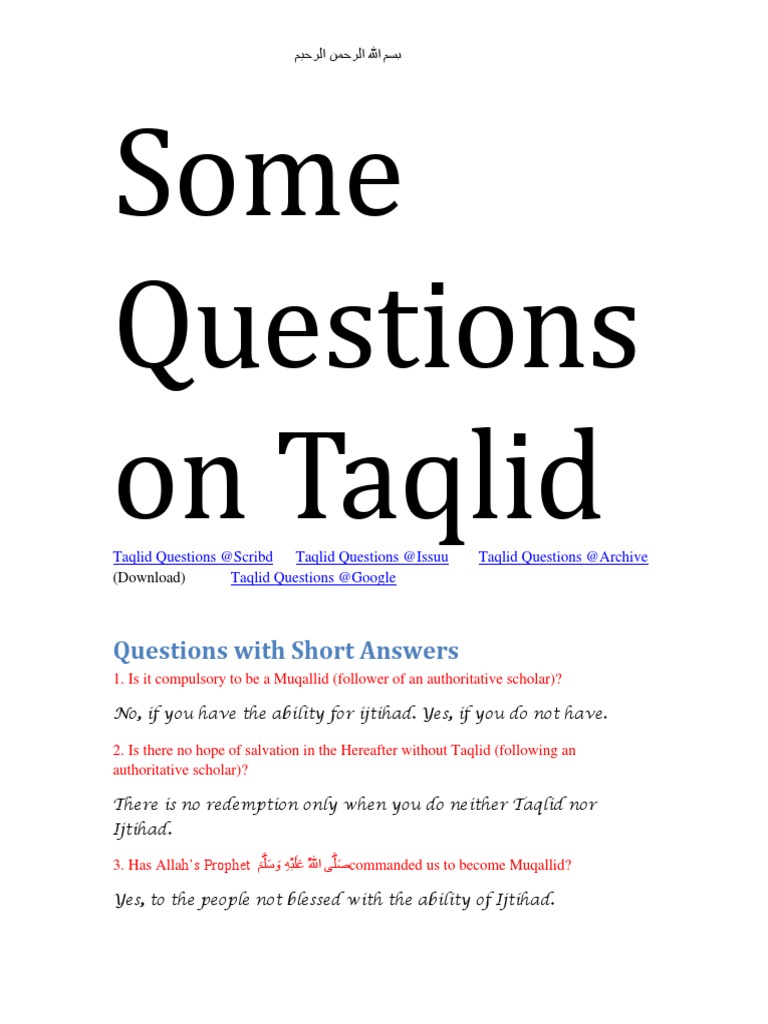 Some Questions On Taqlid: Questions With Short Answers | PDF | Sahabah ...