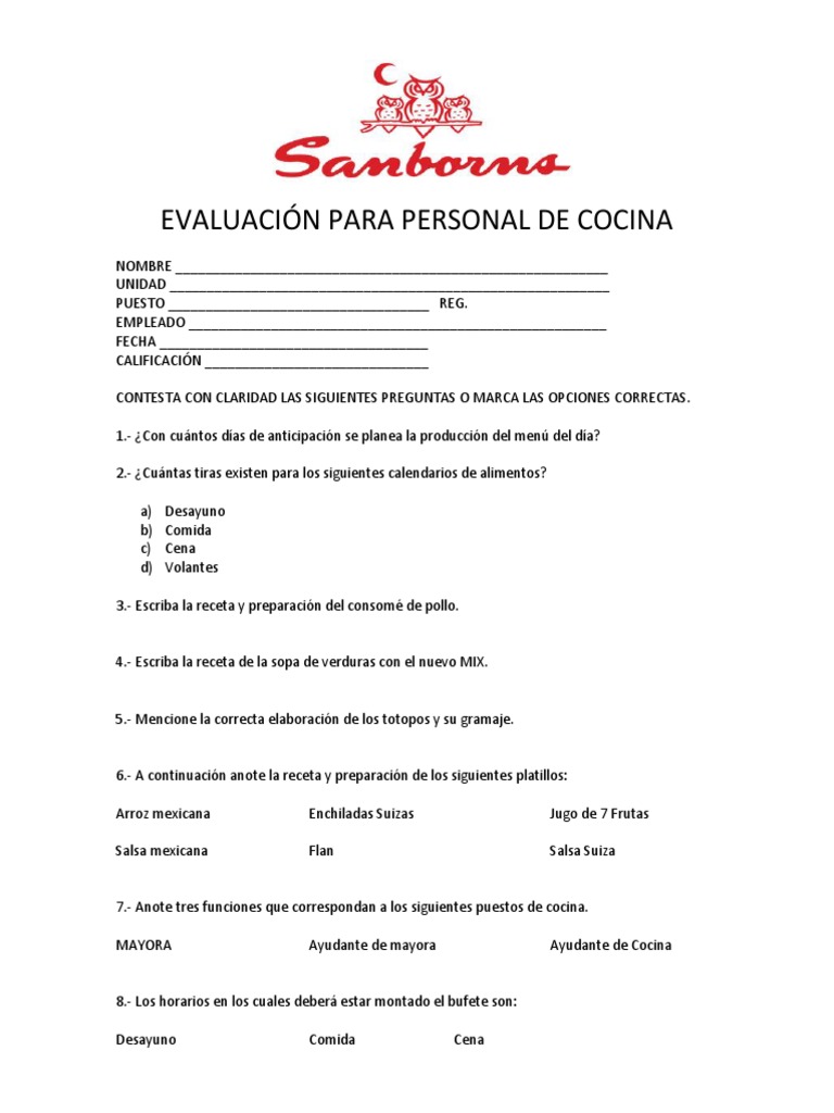 Evaluación para Personal de Cocina | filete | Cocina, comidas y vino