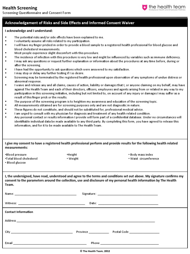 Basic Health Assessment - Screening and Consent Form | PDF | Screening ...
