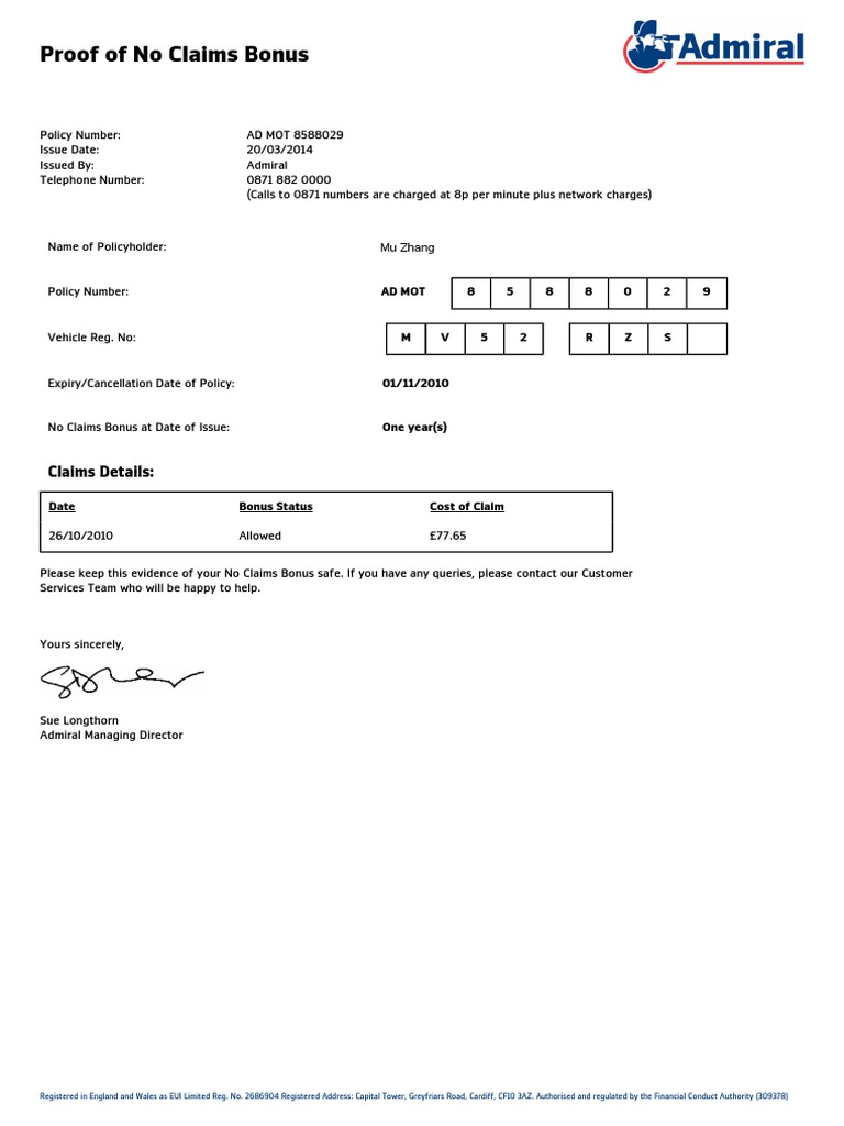 Admiral No Claims Bonus Certificate | PDF | Law