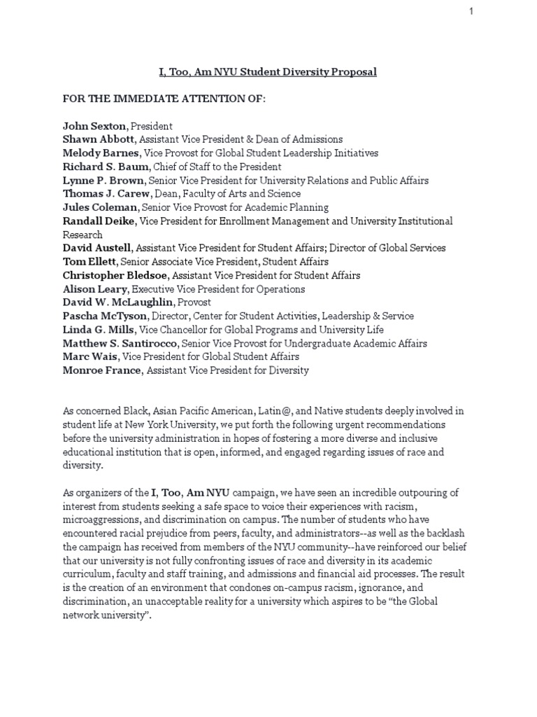 I, Too, Am NYU Diversity Proposal | PDF | New York University | Student ...