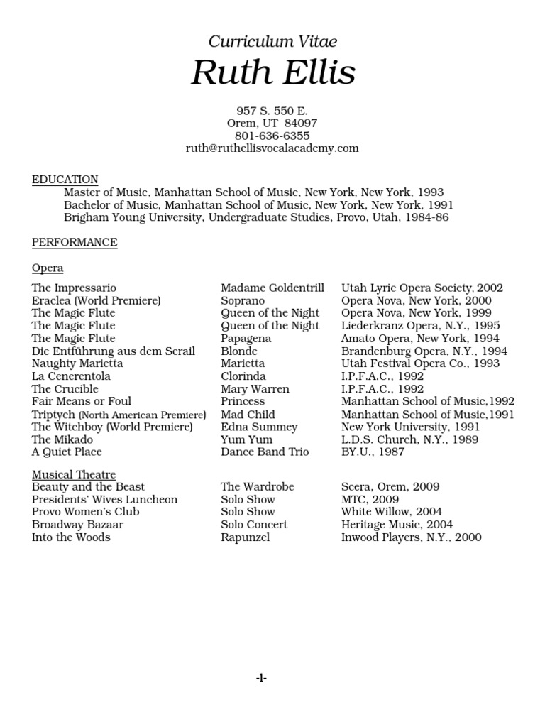 Ruth Ellis CV | PDF | Singing | Opera