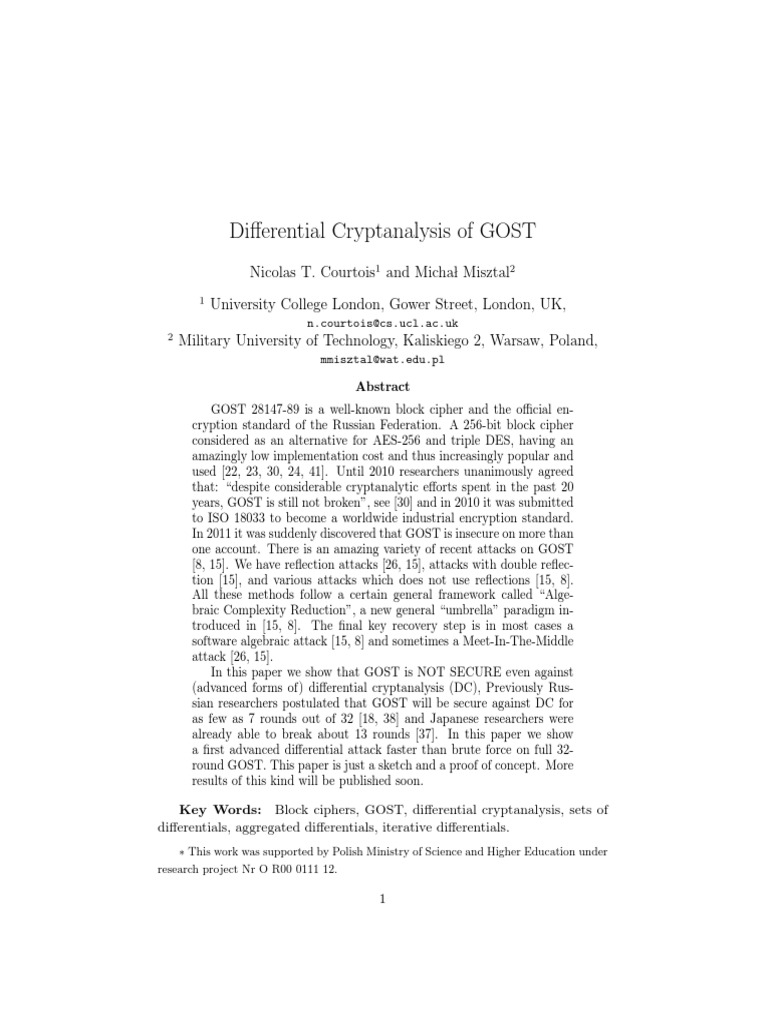 Differential Cryptanalysis of GOST | PDF | Cryptanalysis | Cryptography