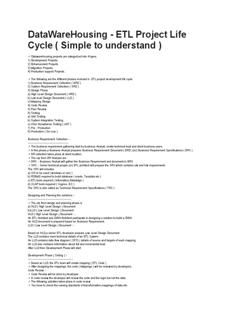Datawarehousing - Etl Project Life Cycle | PDF | Data Management ...