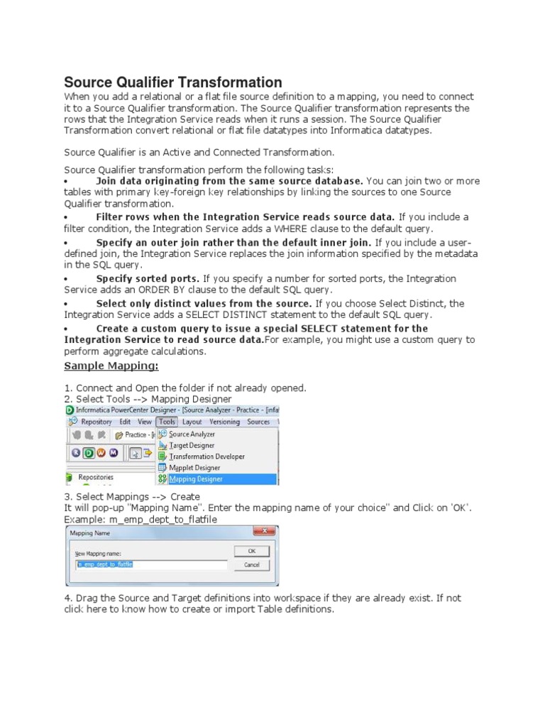 Source Qualifier Transformation: Sample Mapping | Download Free PDF ...