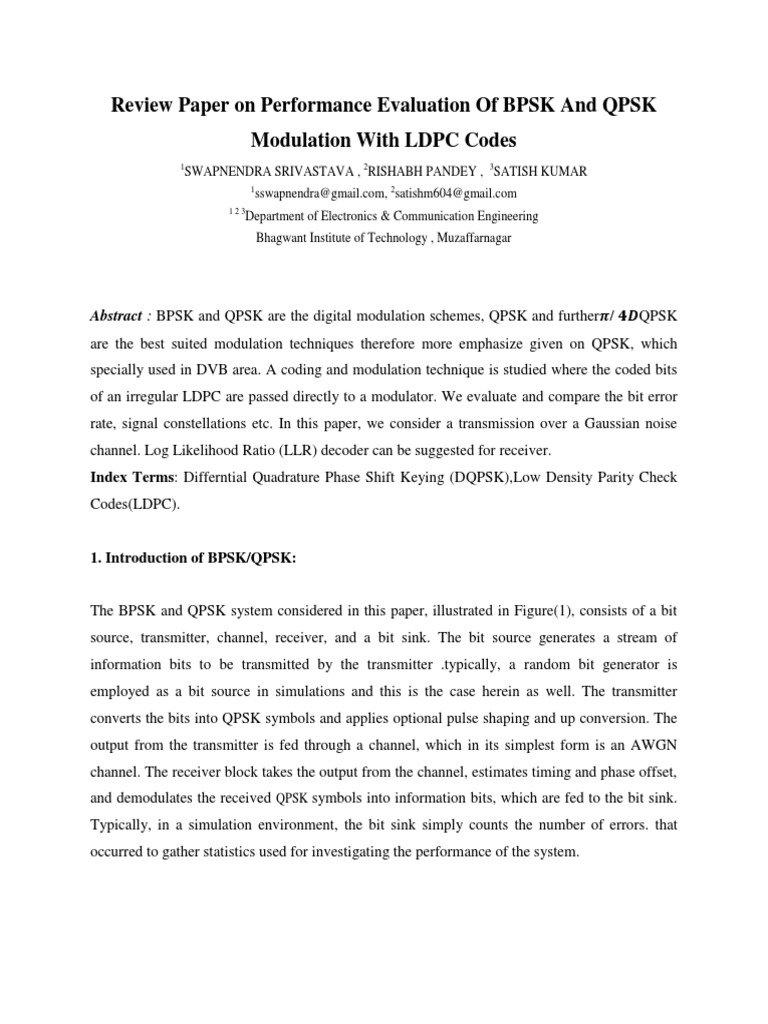 Review Paper On Performance Evaluation Of Bpsk And Qpsk Modulation With