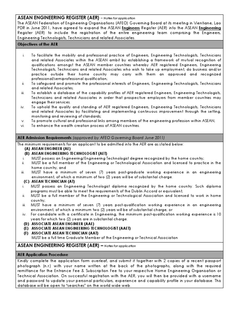 Asean Engineer Application Form | Association Of Southeast Asian ...