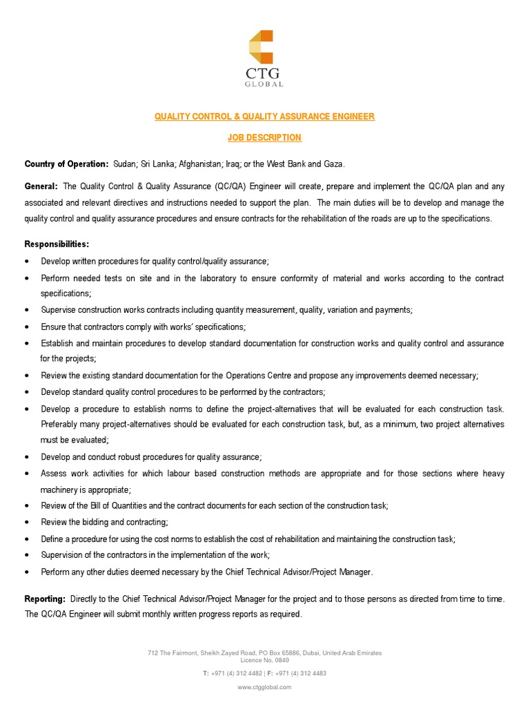 Quality Control & Quality Assurance Engineer - Job Description | PDF | Quality Assurance ...