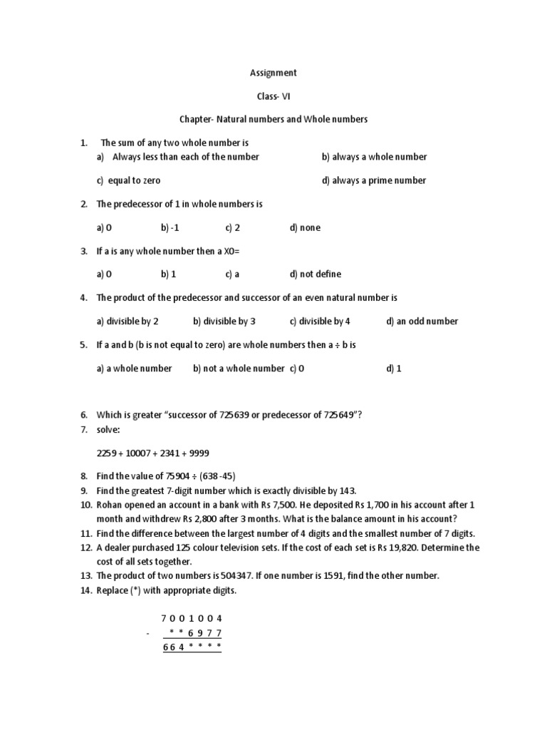 Natural and Whole Numbers. Assignment-1 | PDF | Numbers | Natural Number