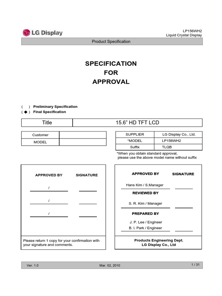 LG LP156WH2 Final | PDF | Liquid Crystal Display | Electrostatic Discharge