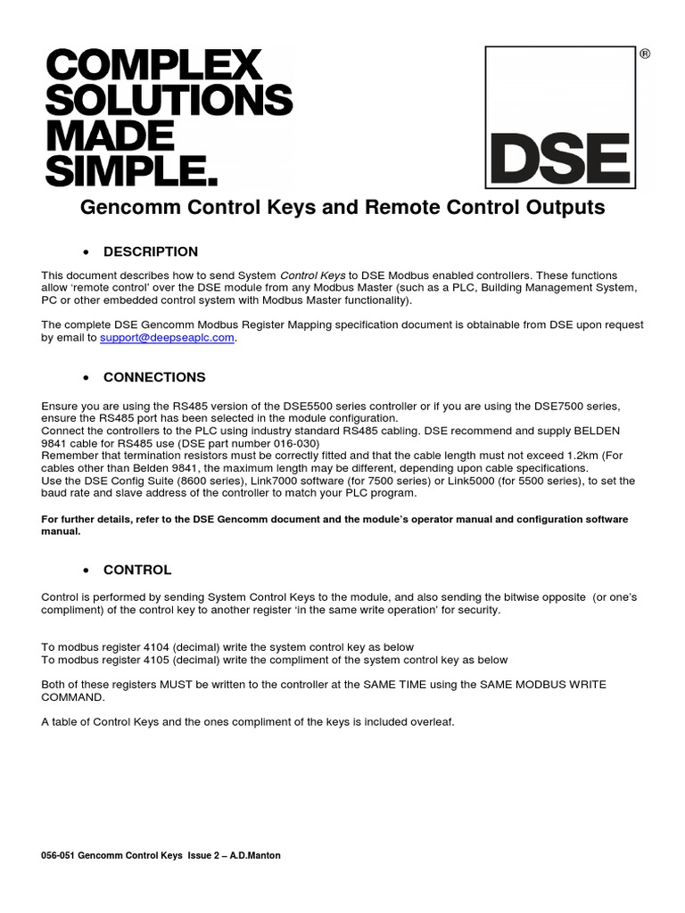 Remote Control of DSE Modbus Enabled Controllers: System Control Keys ...