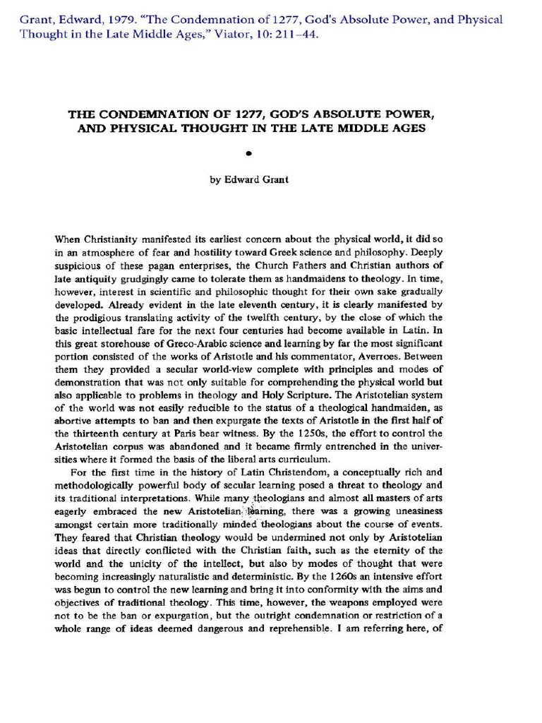 Ant. The Condemnation of 1277, Gods Absolute Power, and Physical ...