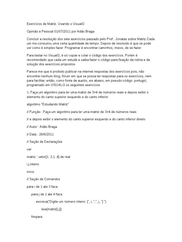 Exercícios de Matriz. Usando o VisualG | PDF | Lazer