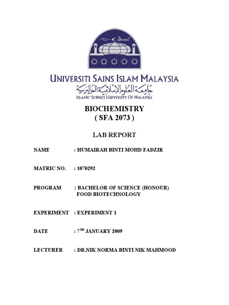 Biochemistry (SFA 2073) : Lab Report | PDF | Titration | Chemistry