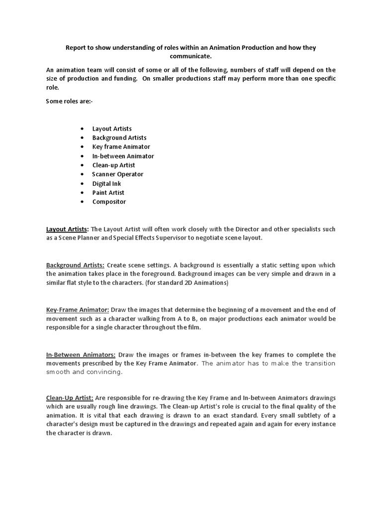 Report To Show Understanding of Roles Within An Animation Production ...