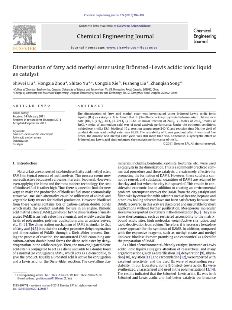 Liu 2011 Chemical Engineering Journal | PDF | Catalysis | Ester