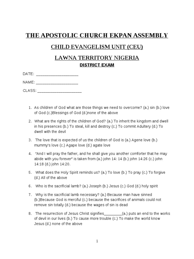 Ekpan Assembly District Exam Guide | PDF | Sacrifice | Sin