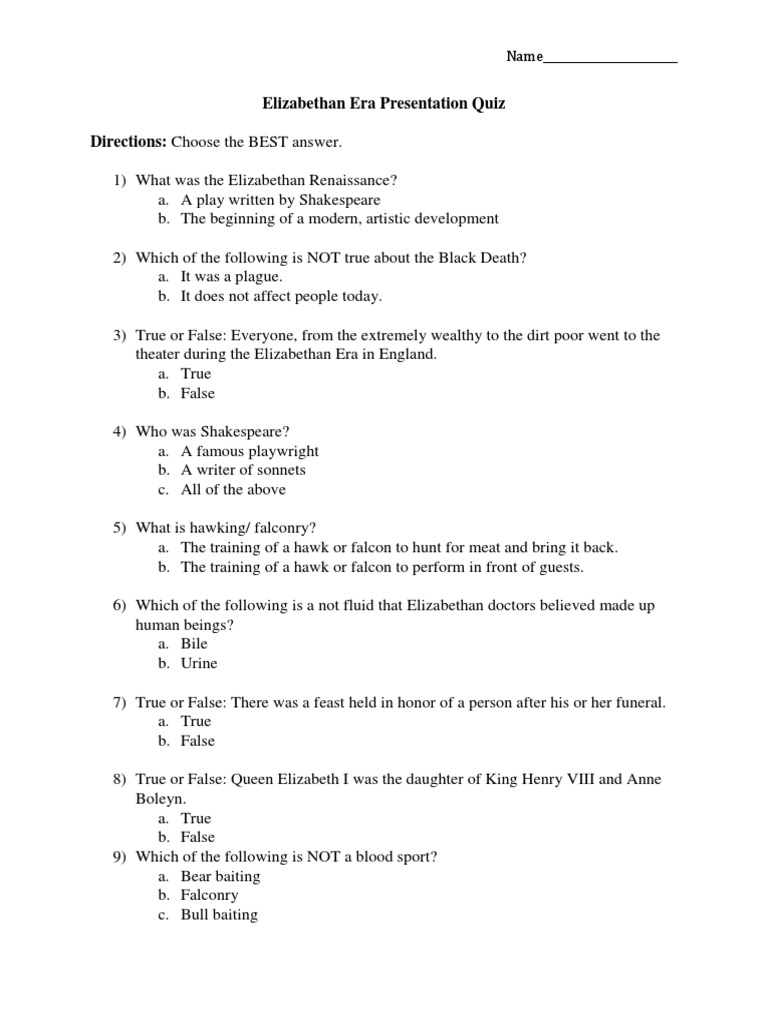 Elizabethan Era Presentation Quiz Accomodated | PDF | Elizabethan Era ...