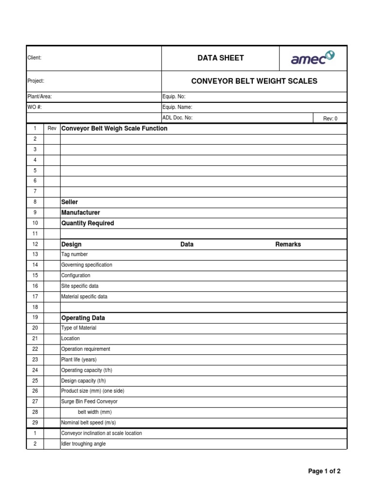 Conveyor Belt Weigh Scale Specification Sheet: Operating Data, Design ...