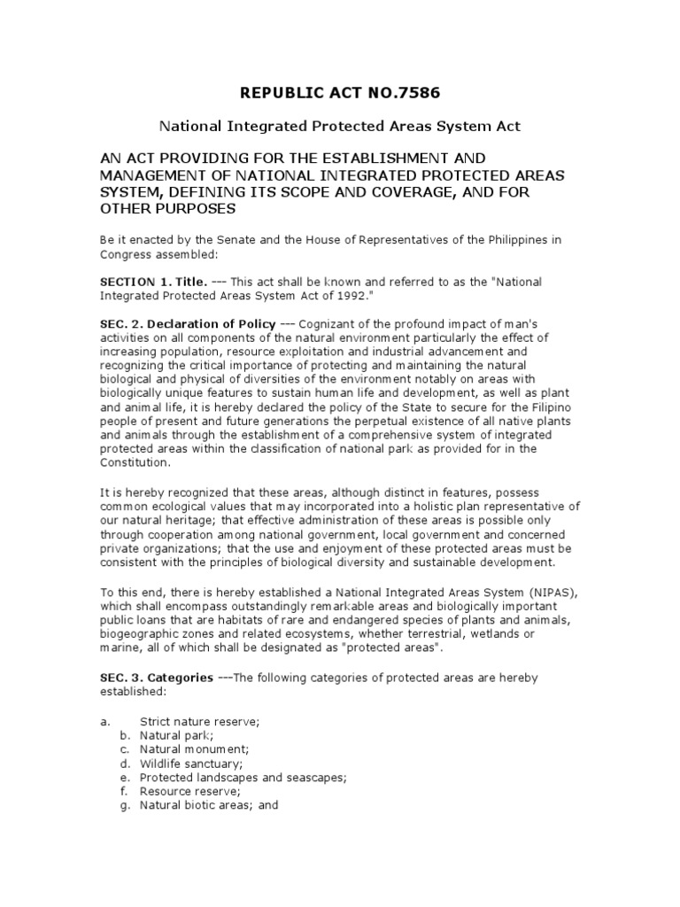 Ra 7586 - Nipas Act | PDF | Protected Area | Biodiversity