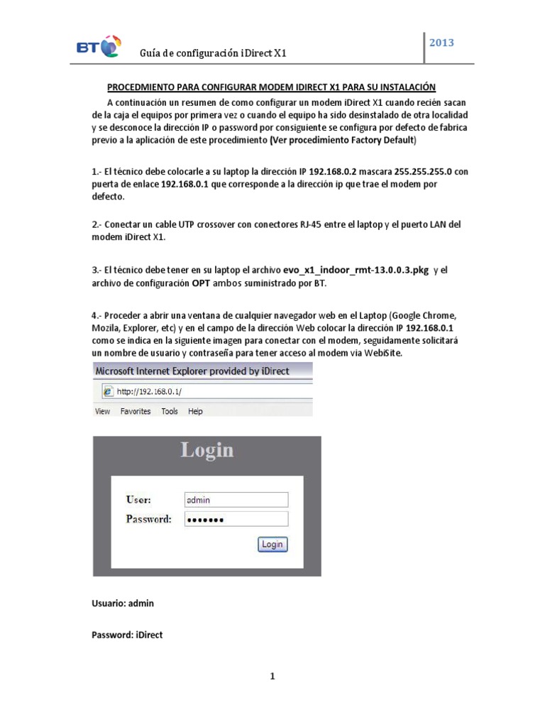Procedimiento Idirect X1 | PDF | Dirección IP | Módem