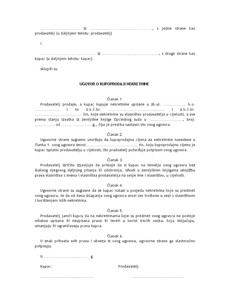 Ugovor o Kupoprodaji Nekretnine