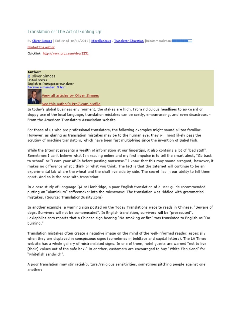 Translation or 'The Art of Goofing Up': View All Articles by Oliver ...