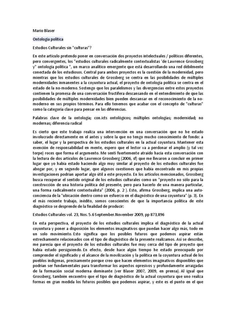 Mario Blaser | PDF | Estudios culturales | Ontología (Ciencias de la ...