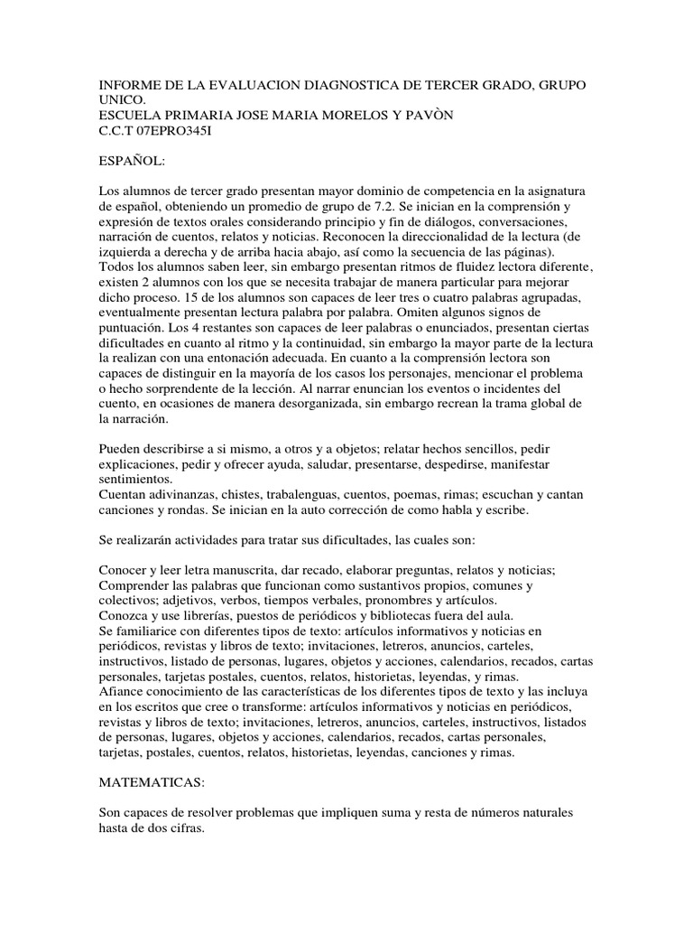 Informe de La Evaluacion Diagnostica de Tercer Grado
