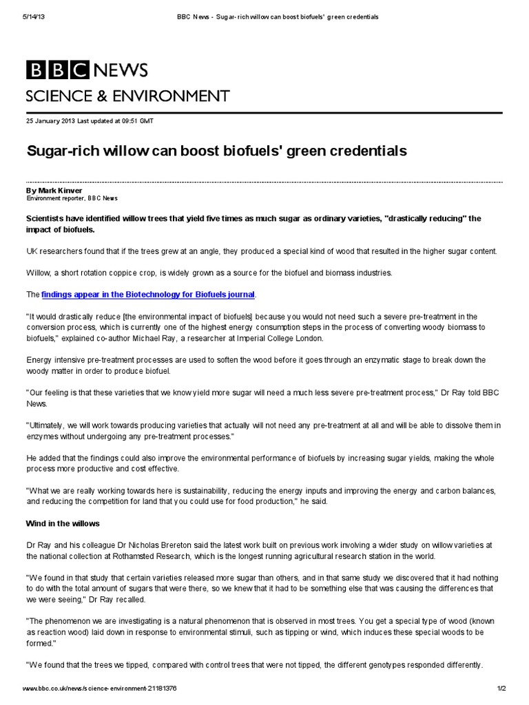 BBC News - Sugar-Rich Willow Can Boost Biofuels' Green Credentials ...