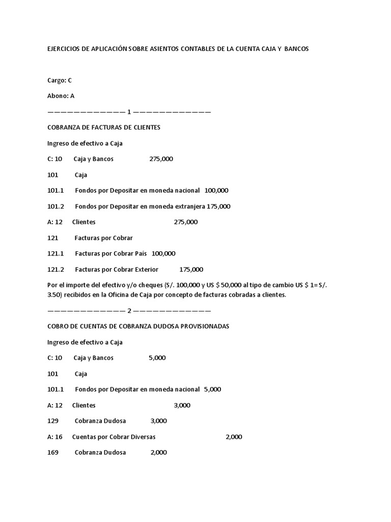 Ejercicios de Aplicación Sobre Asientos Contables de La Cuenta Caja y | PDF | Cheque | Bancos