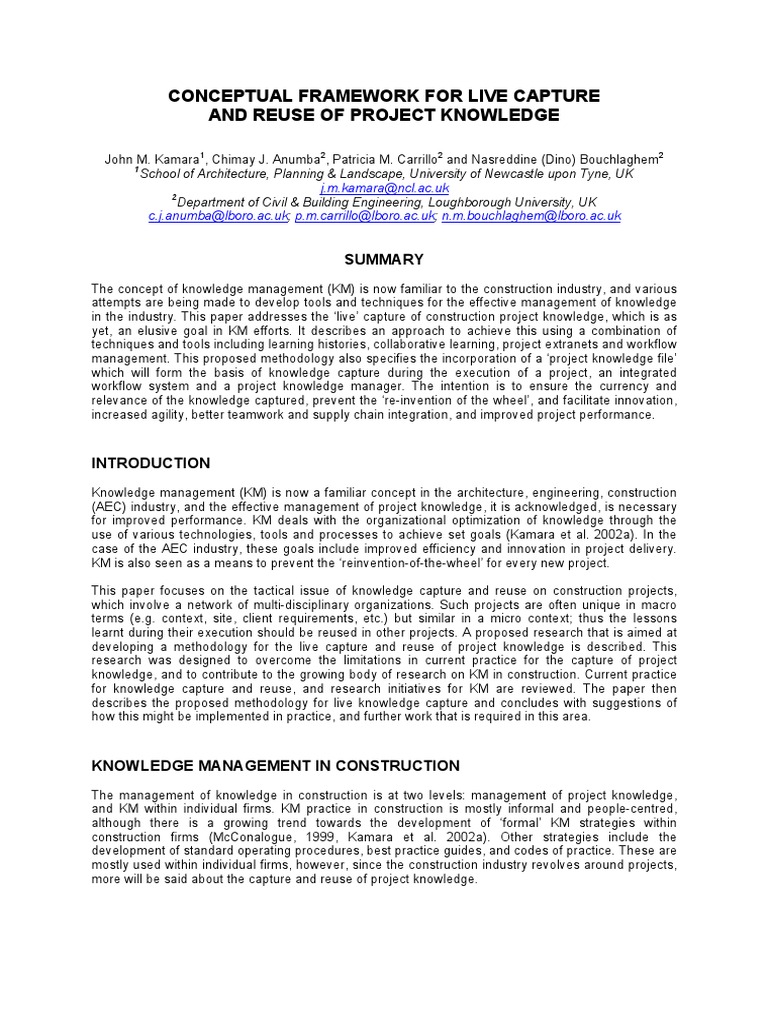 Concept Framework For Project Knowledge - Kamara Etal (2002) | PDF ...