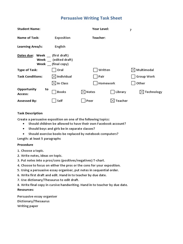 Persuasive Writing Task Sheet | PDF | Argument | Sentence (Linguistics)