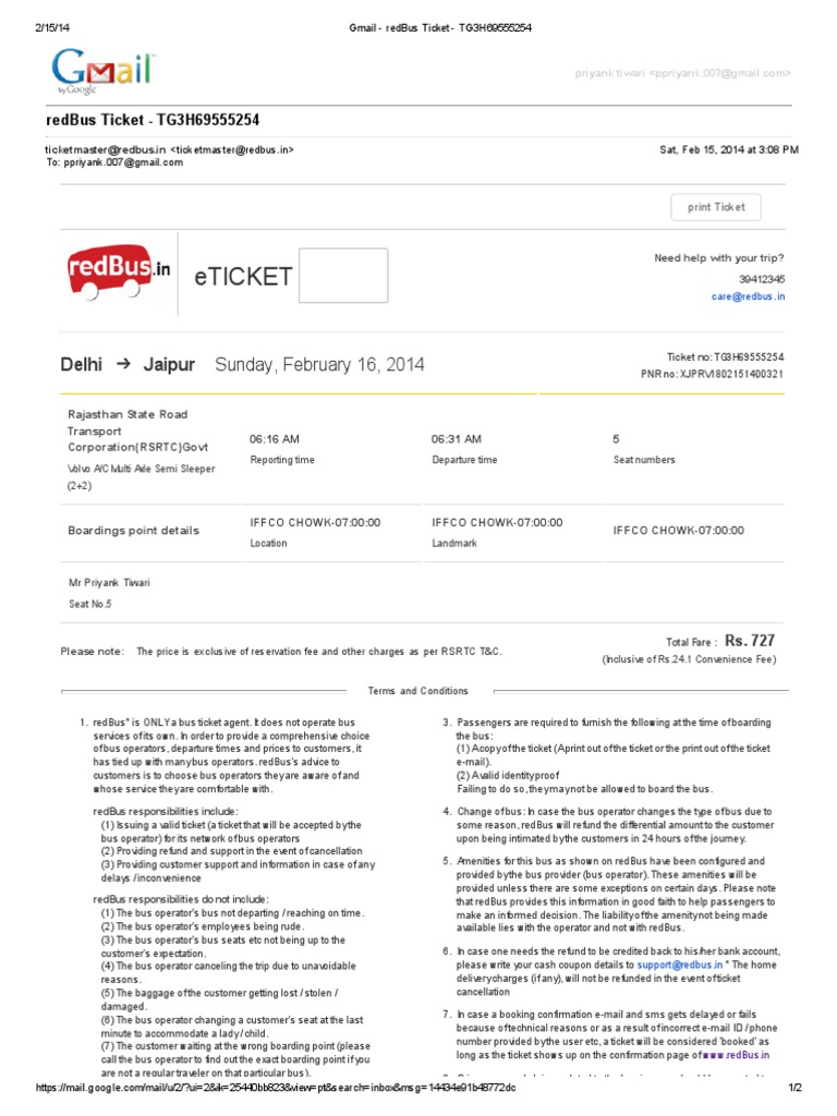 Gmail - RedBus Ticket - TG3H69555254 | PDF | Ticket (Admission) | Bus