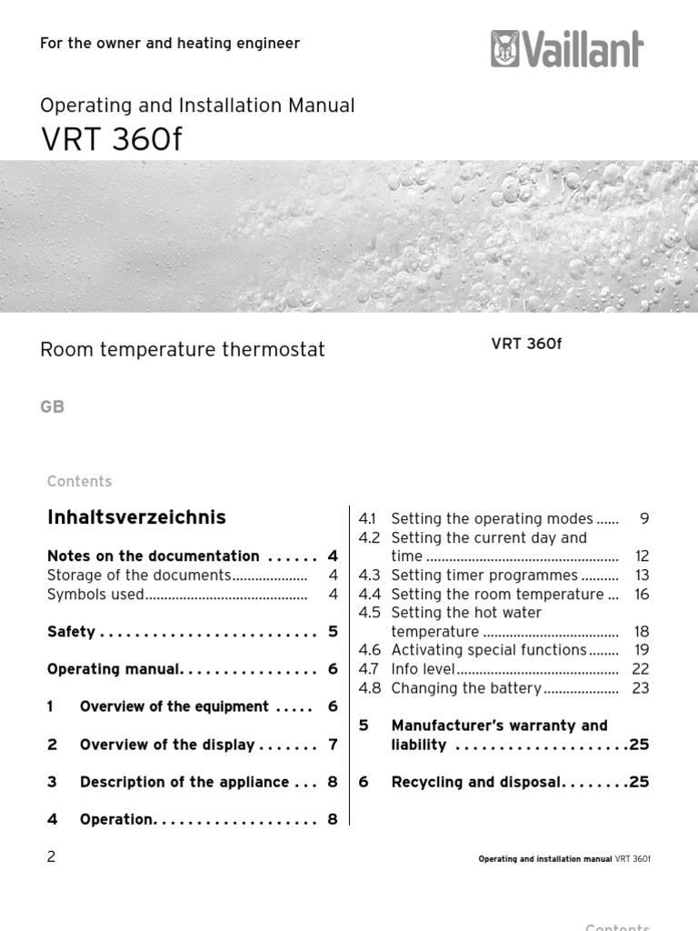 VRT 360f Installation Manual | PDF | Thermostat | Water Heating
