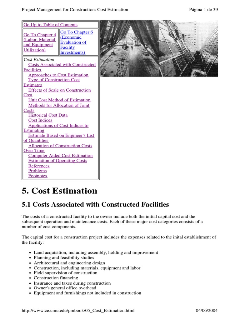 Cost Estimation: 5.1 Costs Associated With Constructed Facilities | PDF