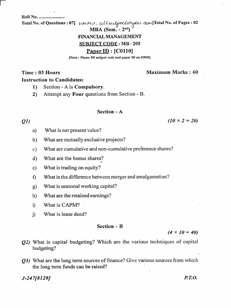 MBA Financial Management Exam | PDF