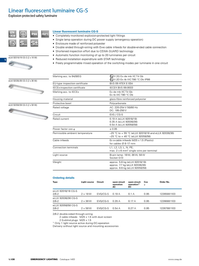 Cooper Ceag Datasheet Linear Fluorescent Luminaire Ellk CG S 5 | PDF ...